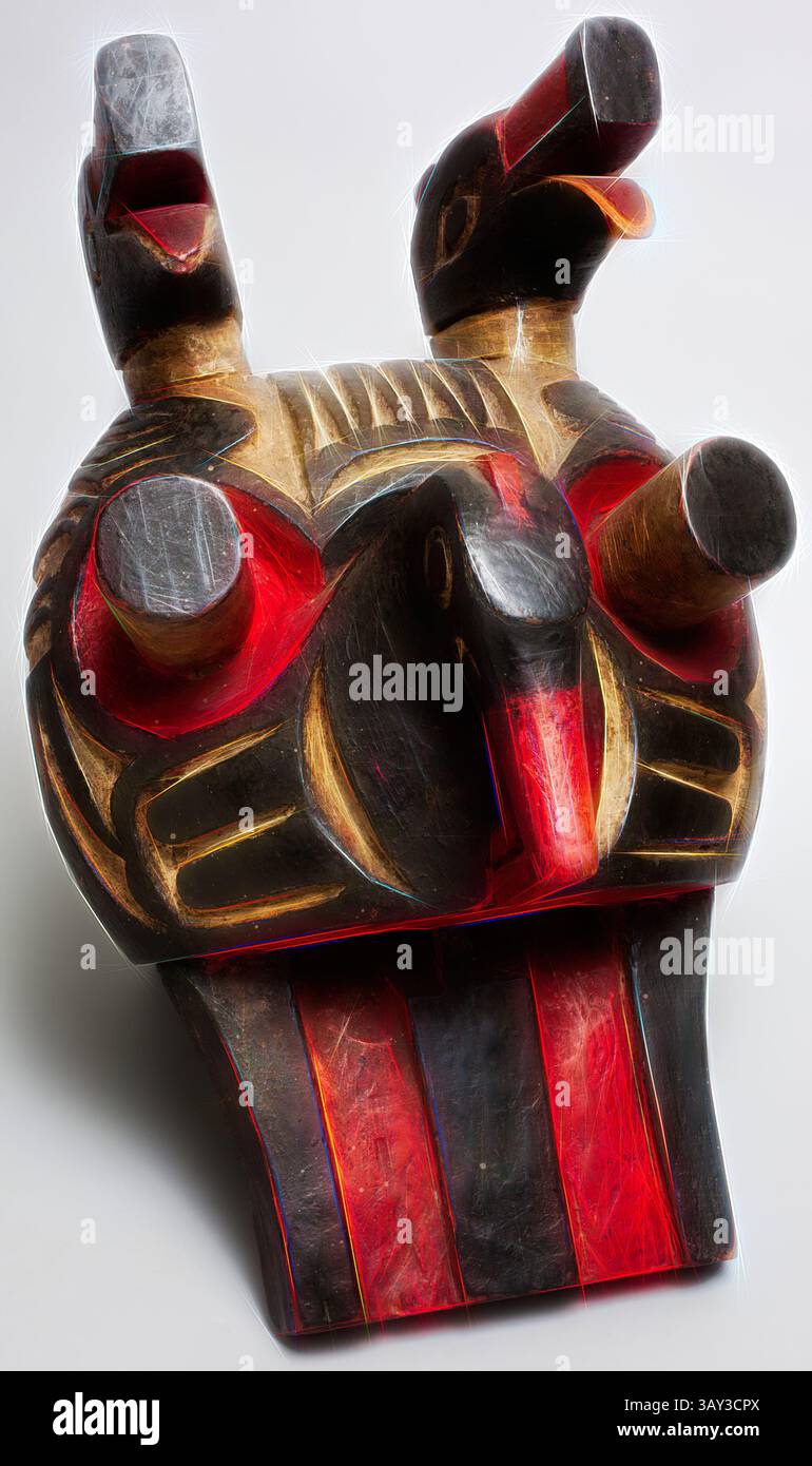 A striking totemic sculpture featuring two prominent birds at the top ...