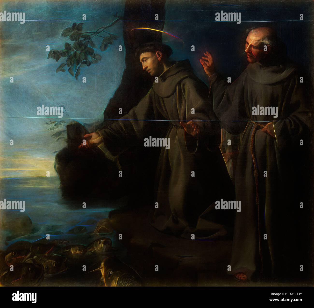 The scene depicts two figures, likely monks, engaged in a serene moment ...