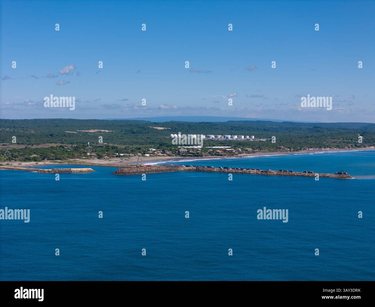 Port with fuel gas tank storage nect to sea aerial drone view Stock ...