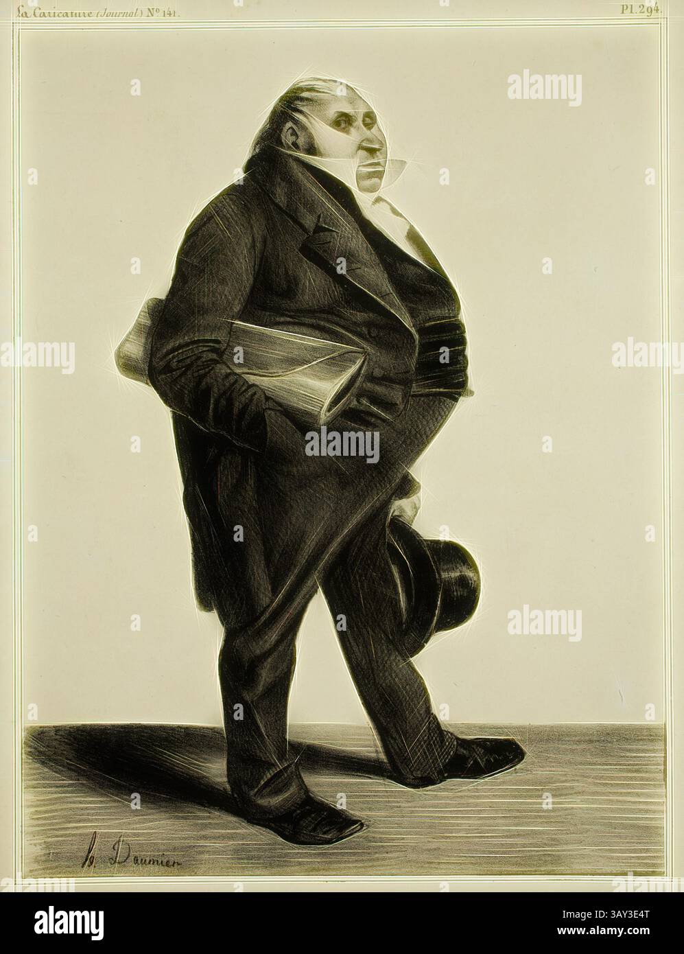 A rotund figure in formal attire strides confidently, clutching a book ...