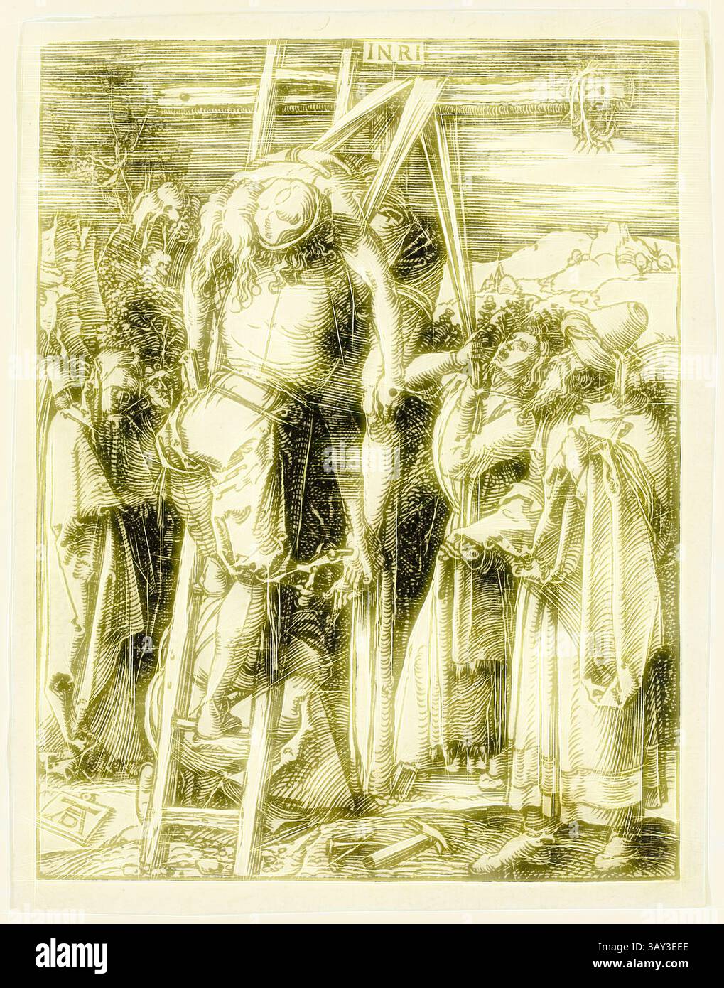 A dramatic scene depicting the crucifixion of Jesus, surrounded by mournful figures, with ...