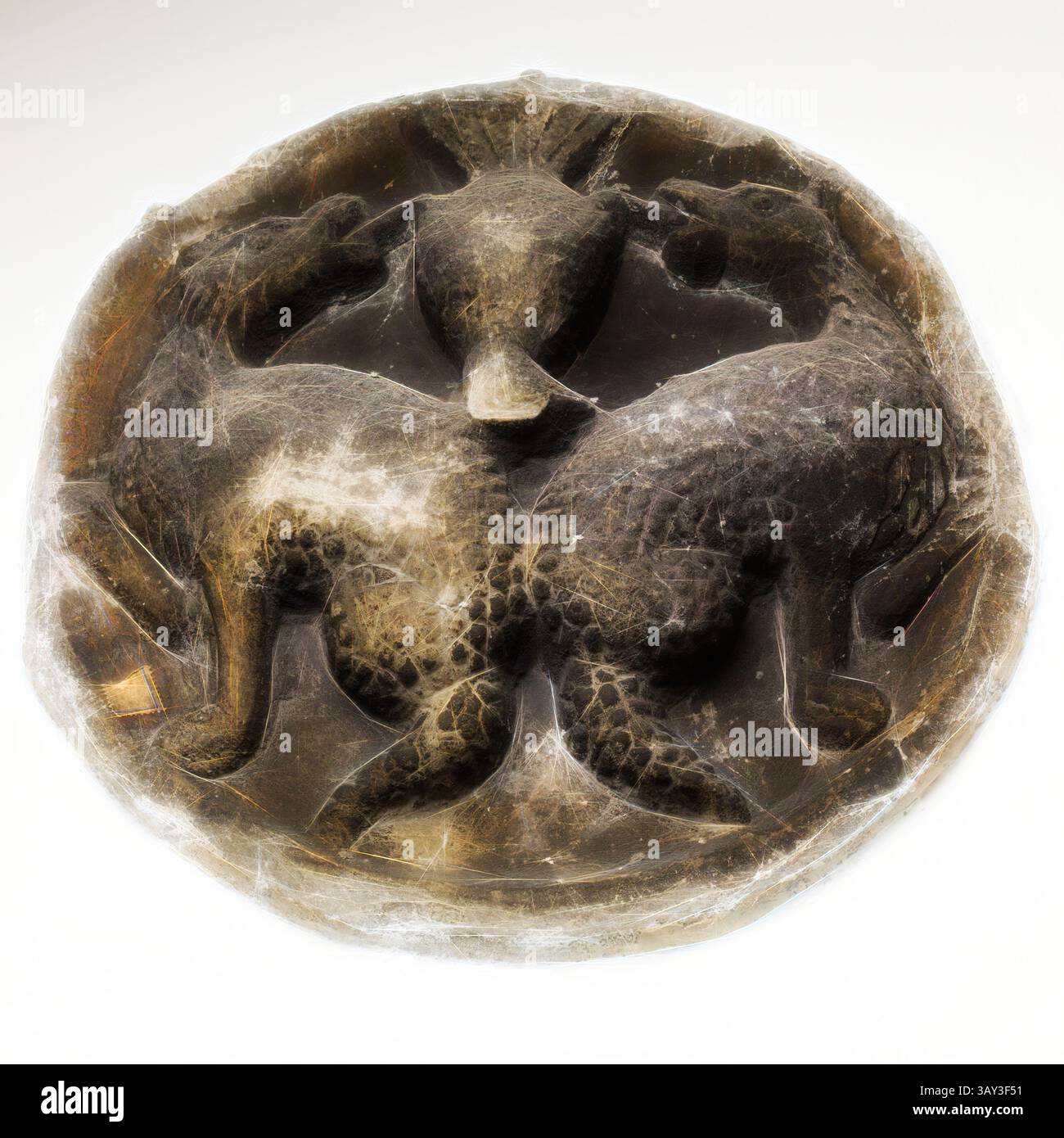 An intricately carved circular relief depicting two stylized animals ...