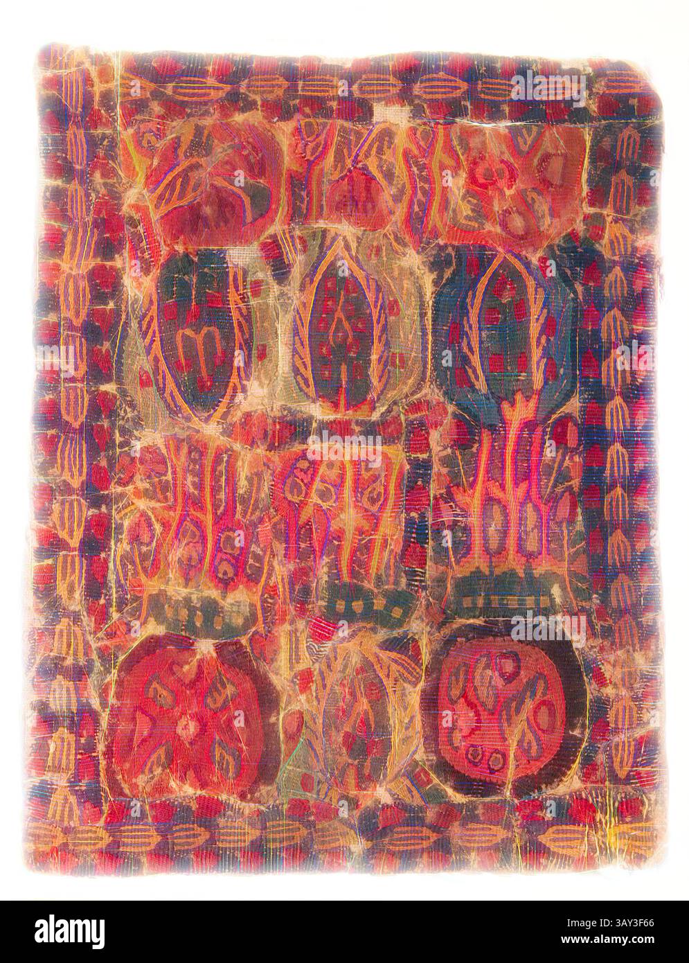 A vibrant textile featuring intricate patterns in bold reds, oranges ...