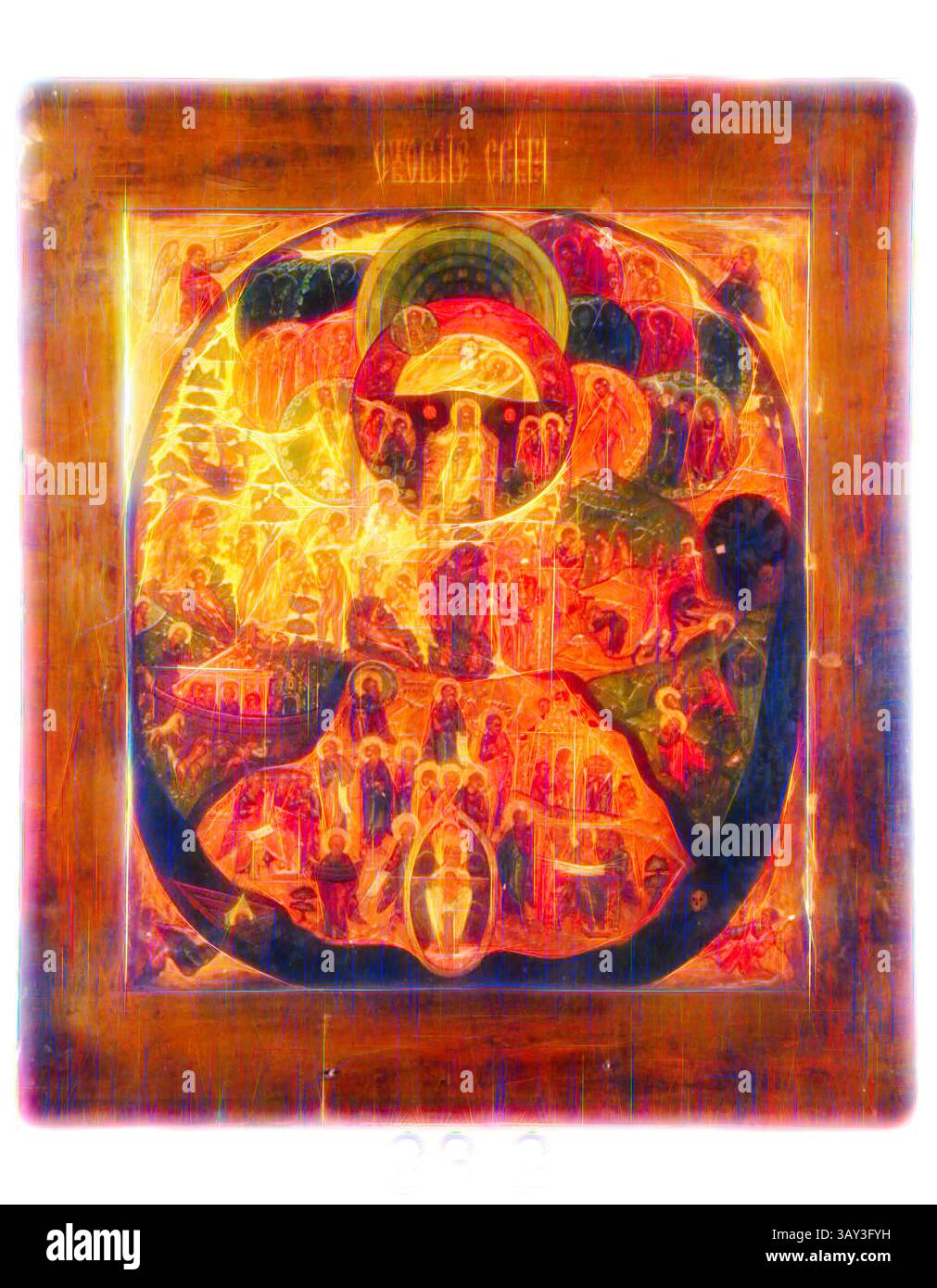 A vibrant and intricate religious icon features a multitude of figures ...