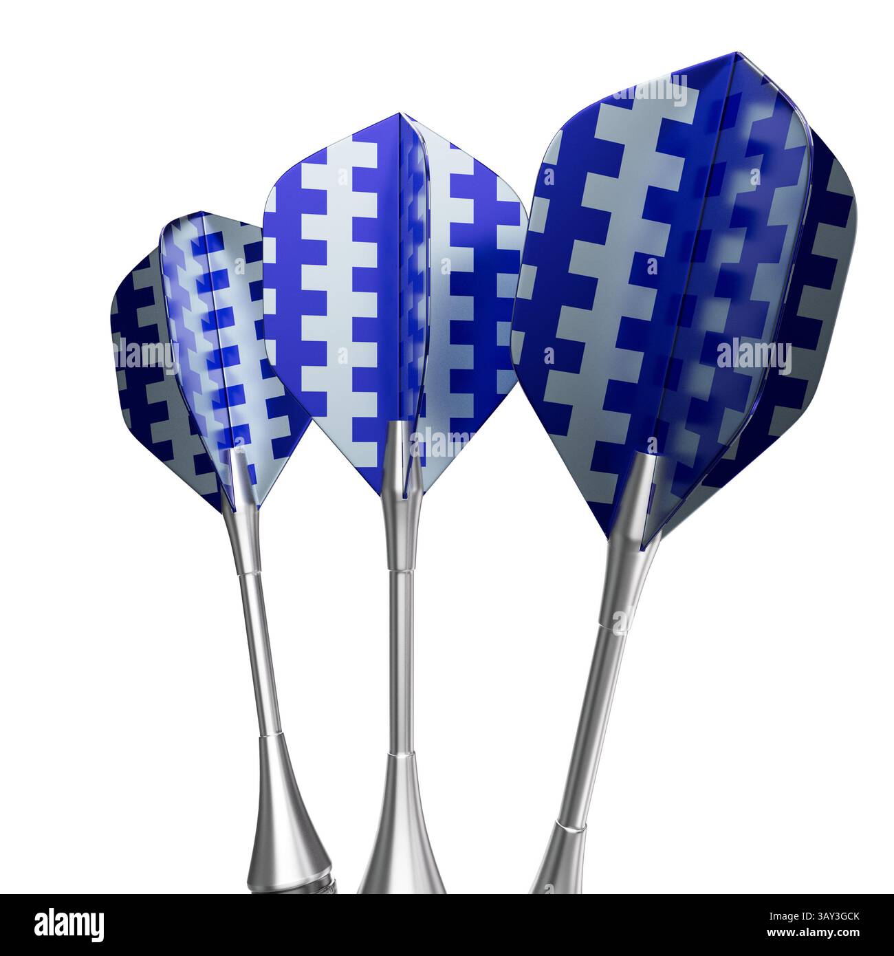 A set of three metal darts with a checkered blue and white flight ...