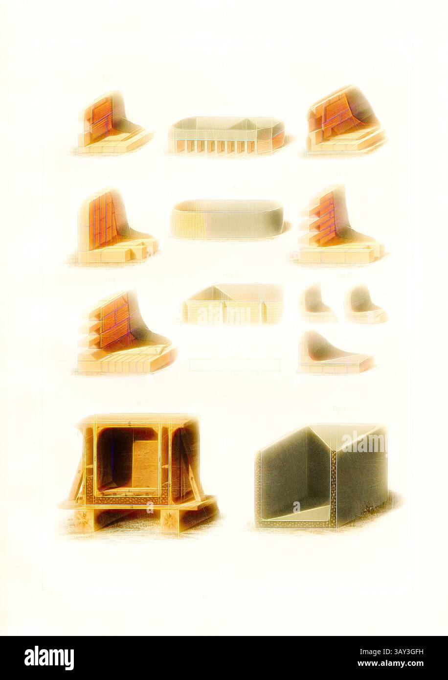 A series of architectural sketches showcasing various structural ...