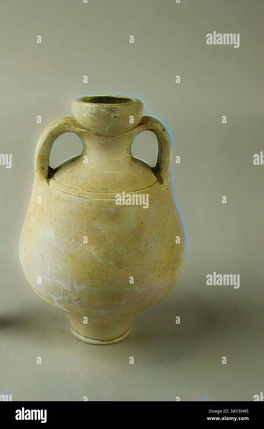 An ancient, rounded pottery vessel with two prominent handles ...
