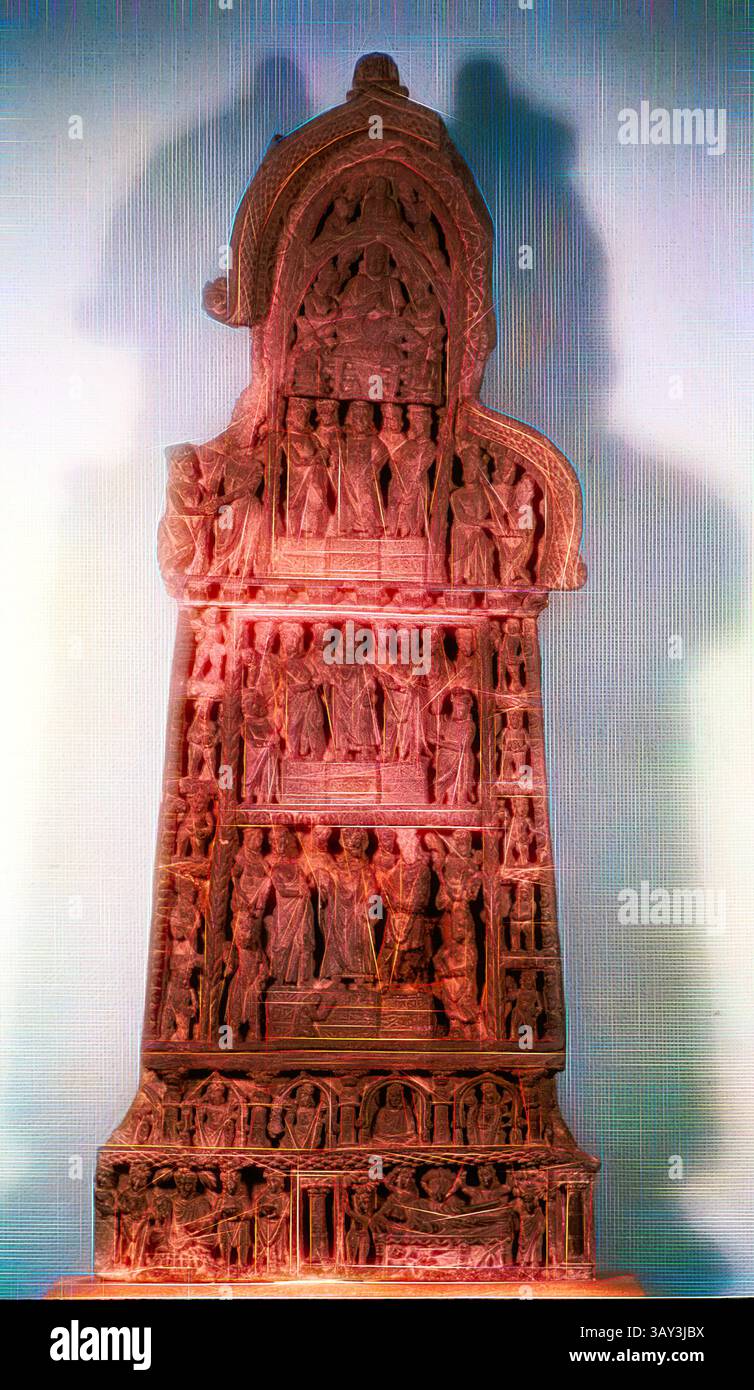 A intricately carved stone relief features a series of detailed human ...