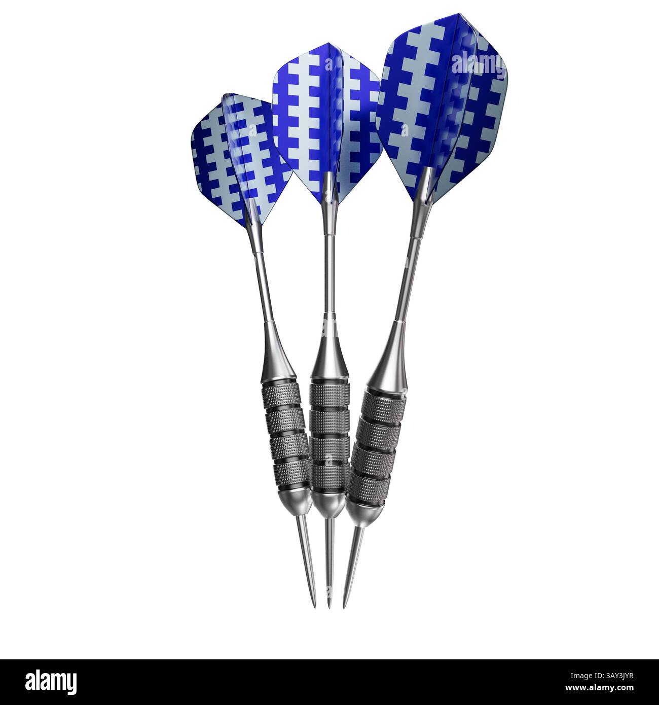 A set of three metal darts with a checkered blue and white flight ...