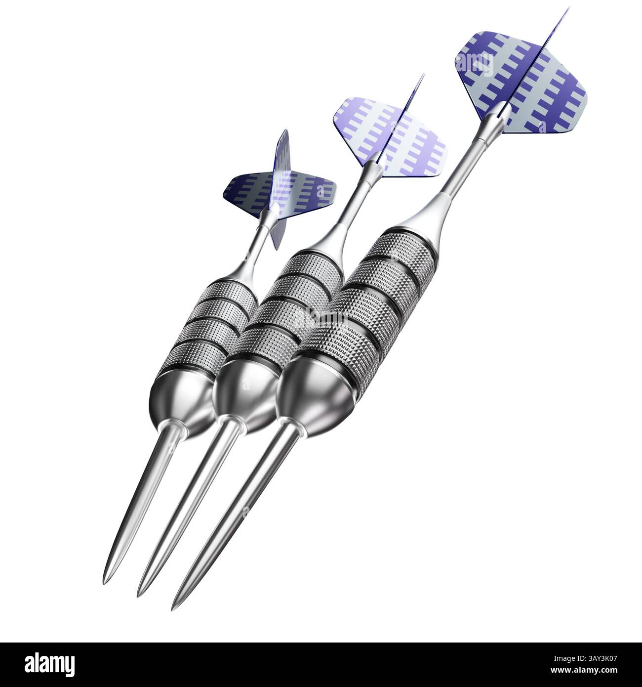 A set of three metal darts with a checkered blue and white flight ...