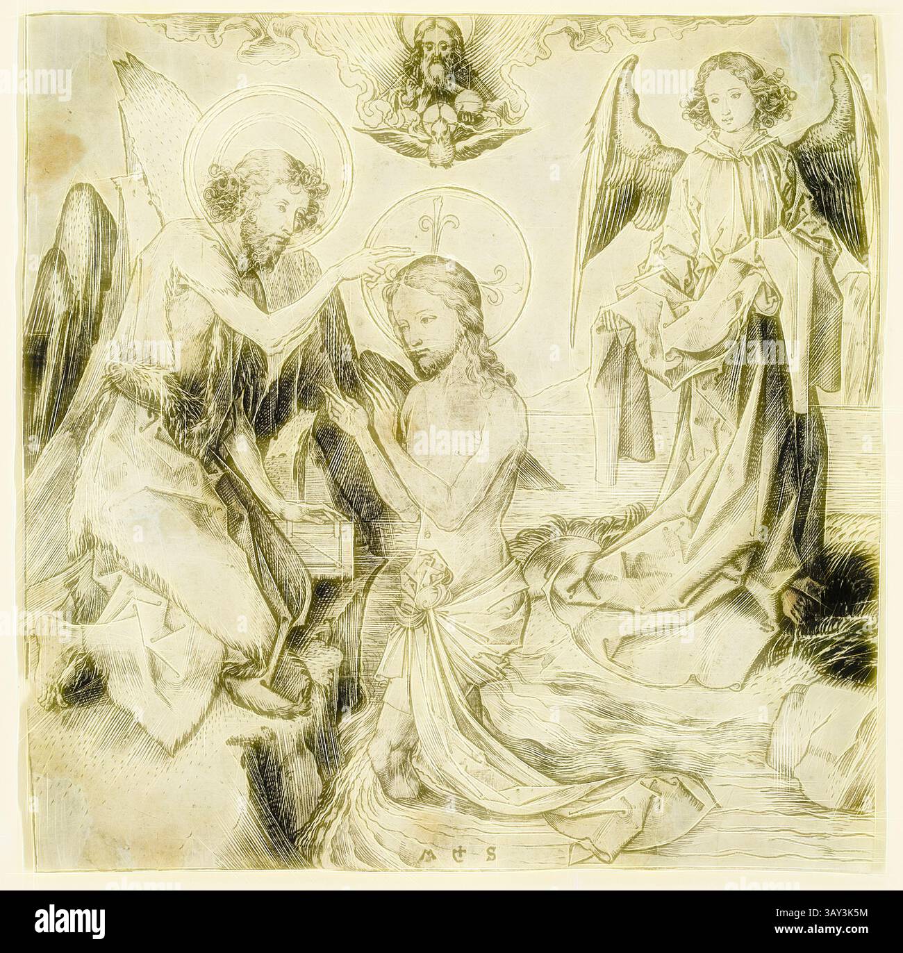 The scene depicts a solemn moment of baptism, where an angel is seen ...