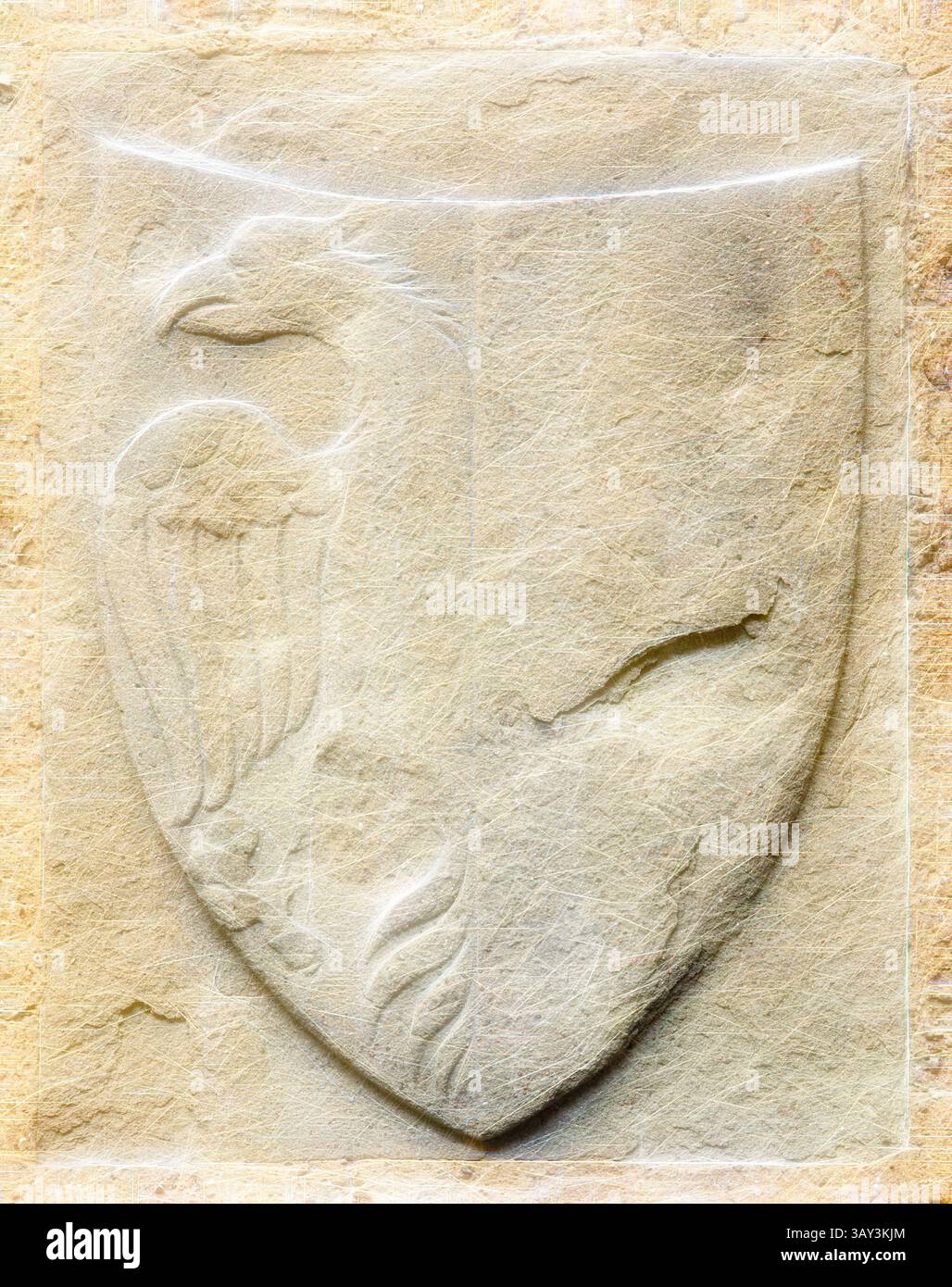 A detailed carving of a shield featuring a stylized eagle, set against ...