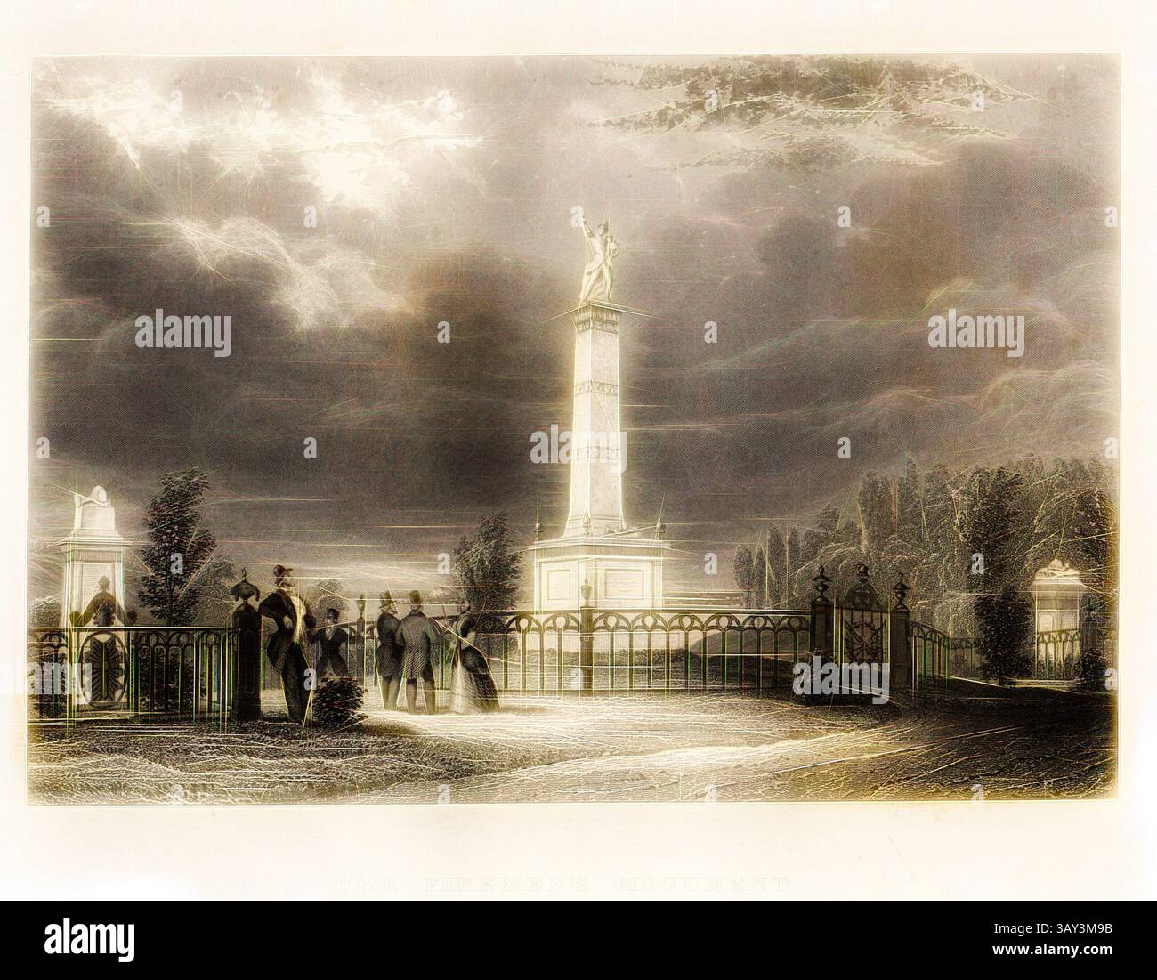 A group of elegantly dressed figures stands near a tall monument ...