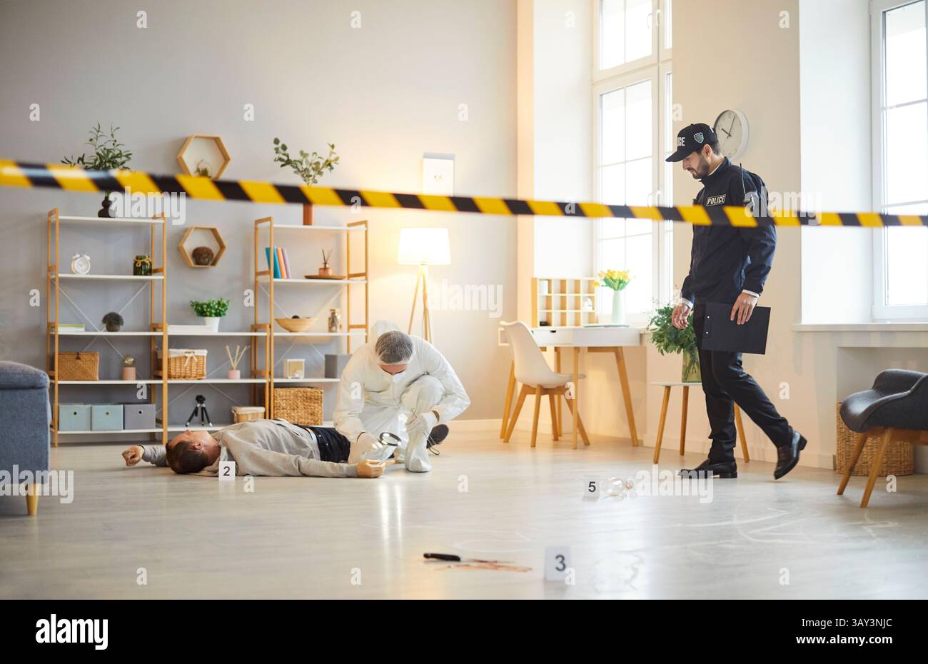 Forensic expert collecting evidence with police officer inspecting ...
