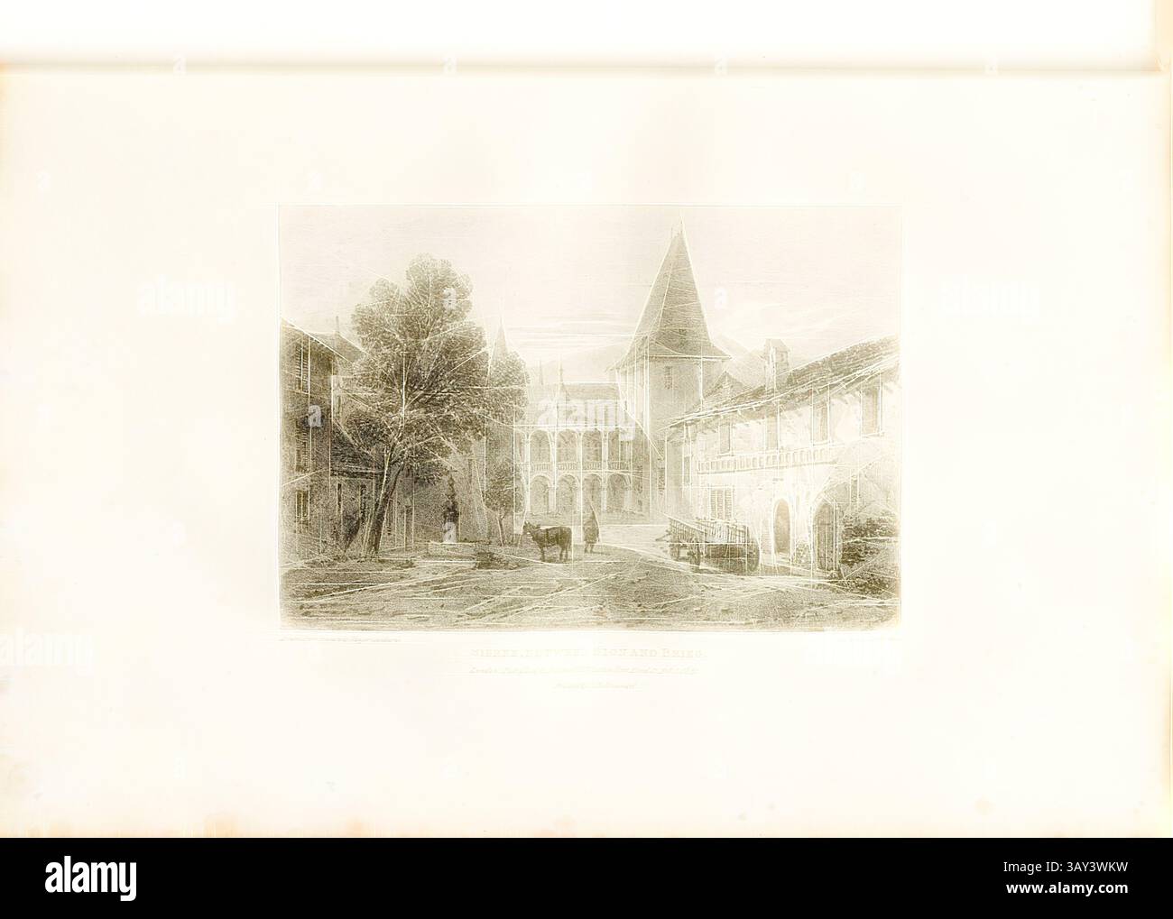 A serene courtyard featuring an elegant building with a tall spire ...