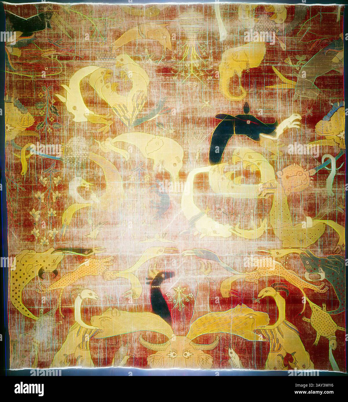 A vibrant tapestry featuring intricate and whimsical animals ...