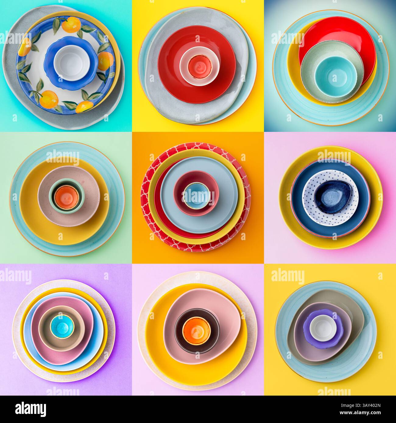 A grid layout of colorful plates and bowls showcases vibrant patterns ...