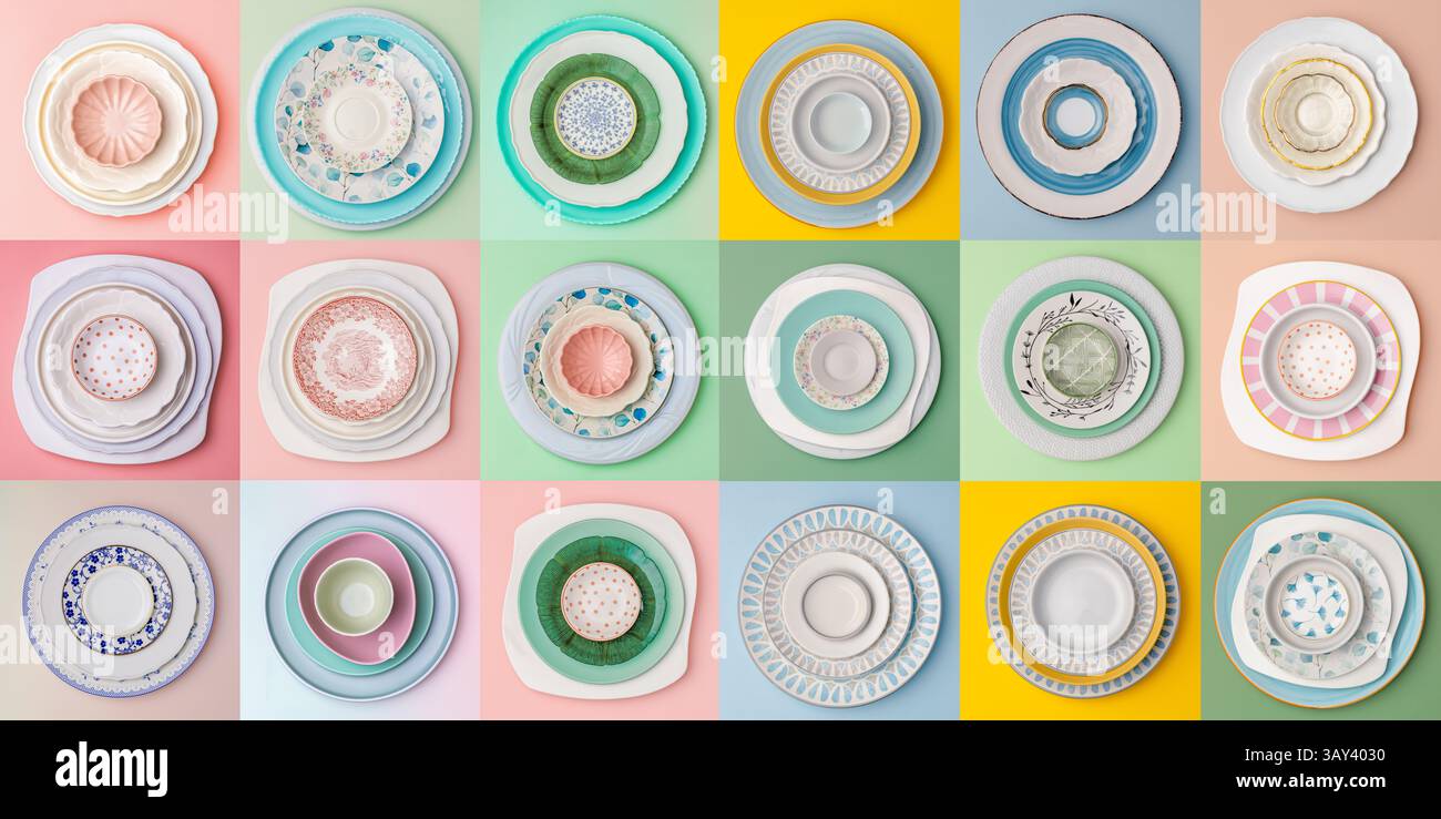 Assorted stylish plates arranged in neat stacks against vibrant colored ...