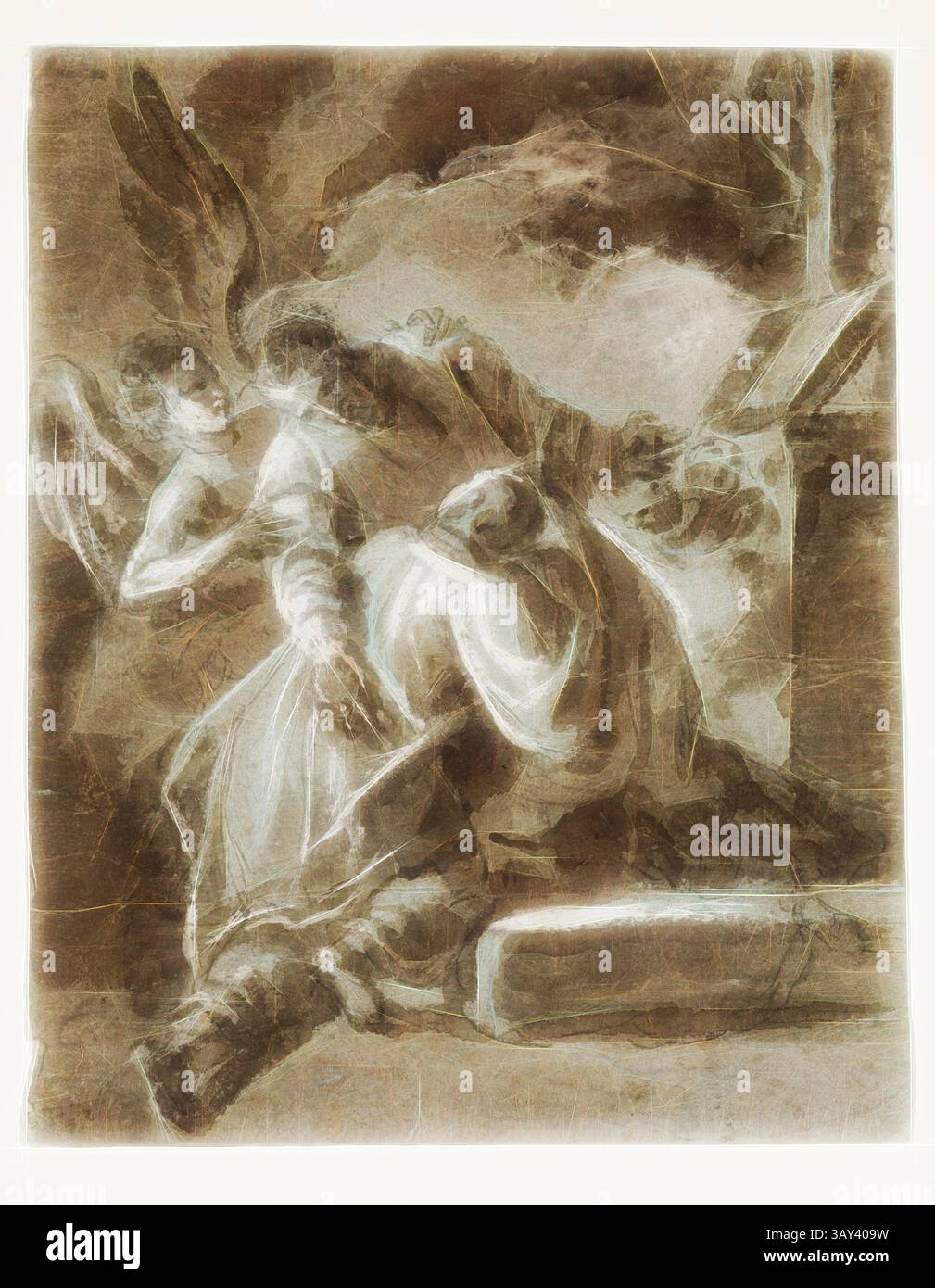 A dramatic scene depicting an angelic figure interacting with a group ...