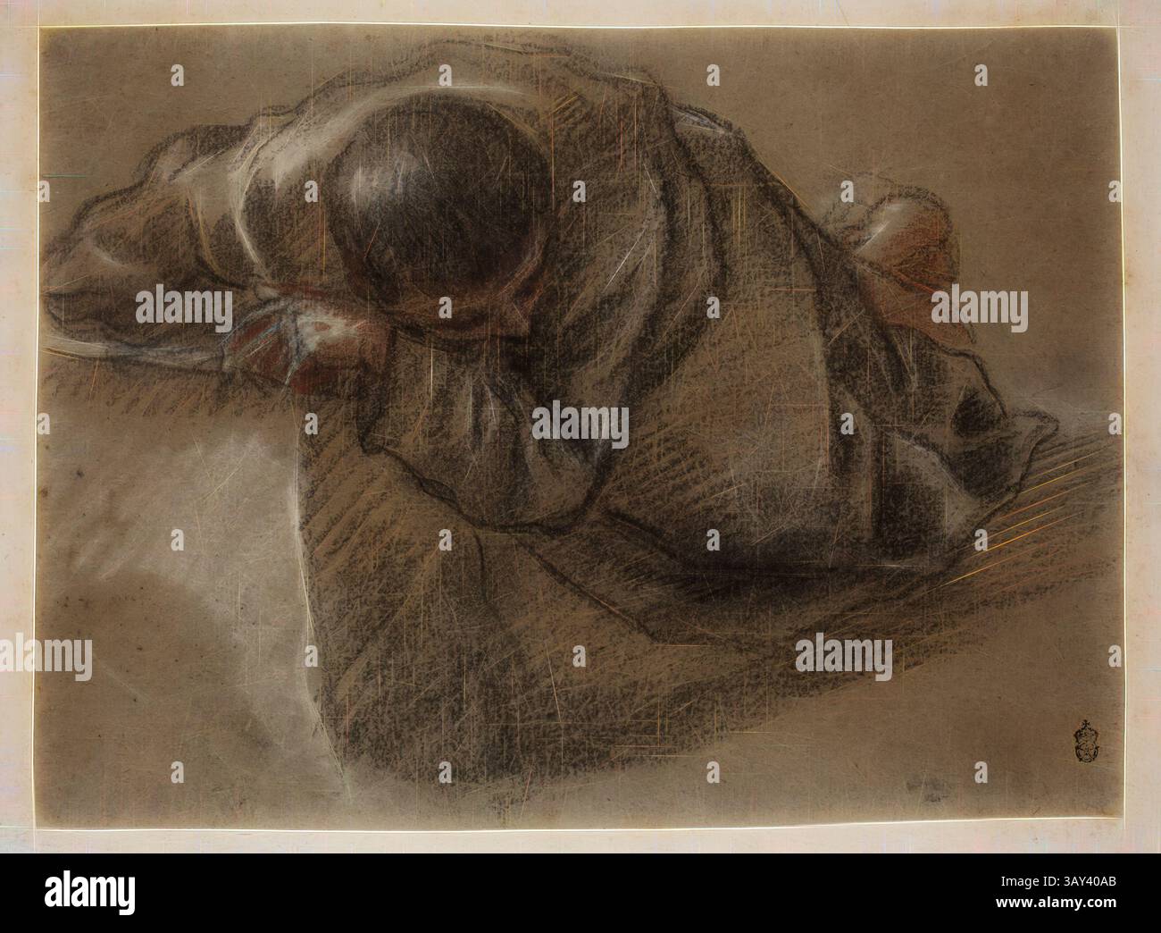 A figure is curled up in a contemplative pose, draped in a loose ...