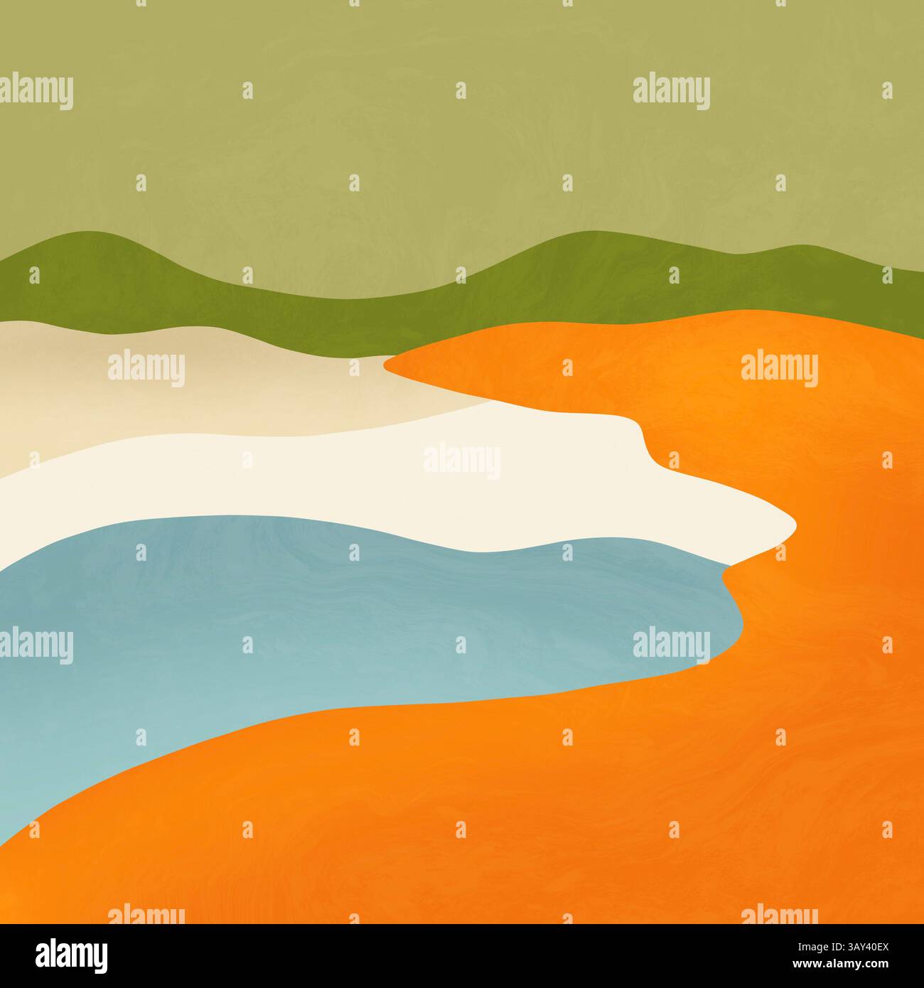 Abstract illustration featuring flowing shapes in earthy tones of green ...