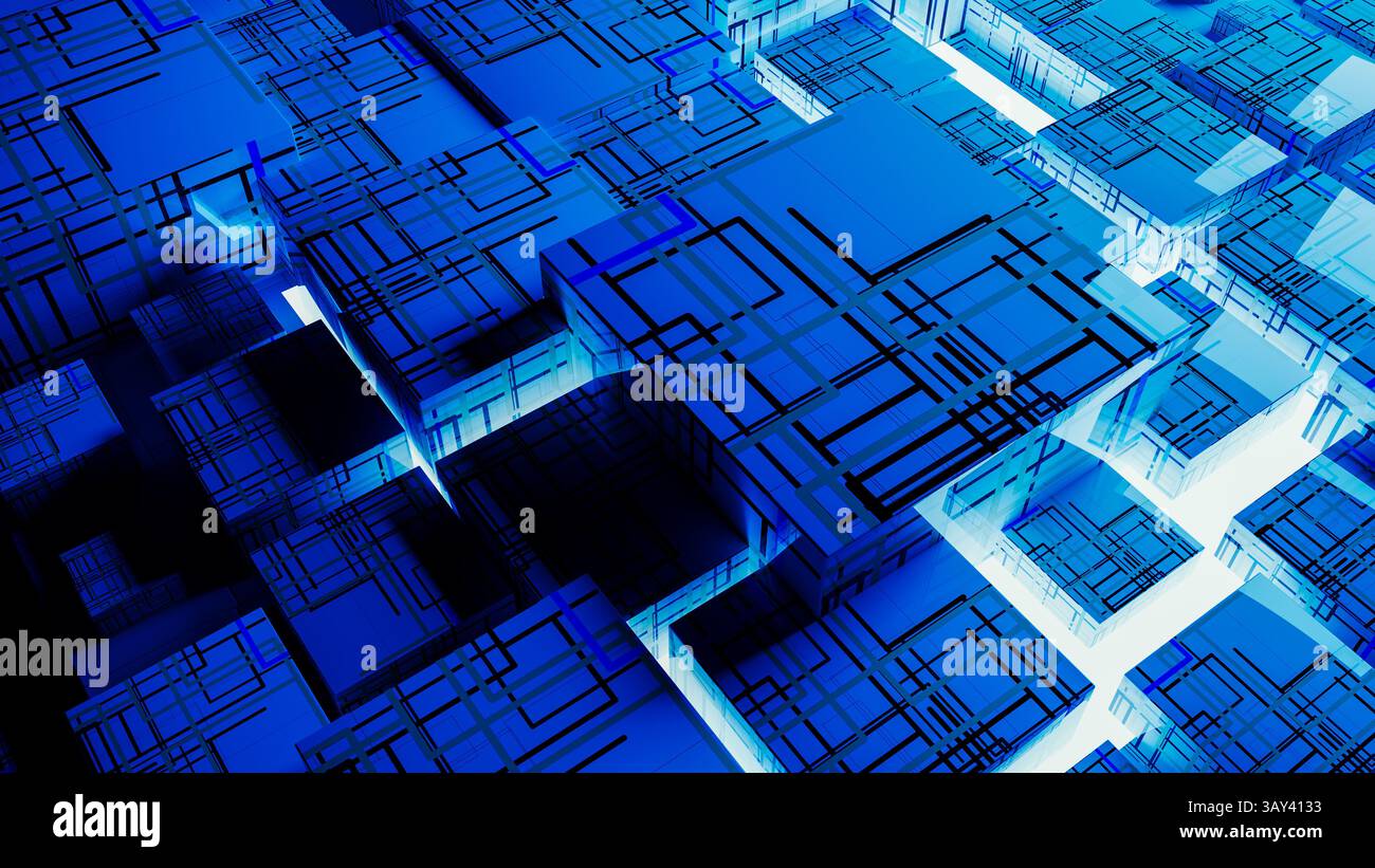 Vibrant abstract background showcases interconnected cubes, representing technology and data in ...