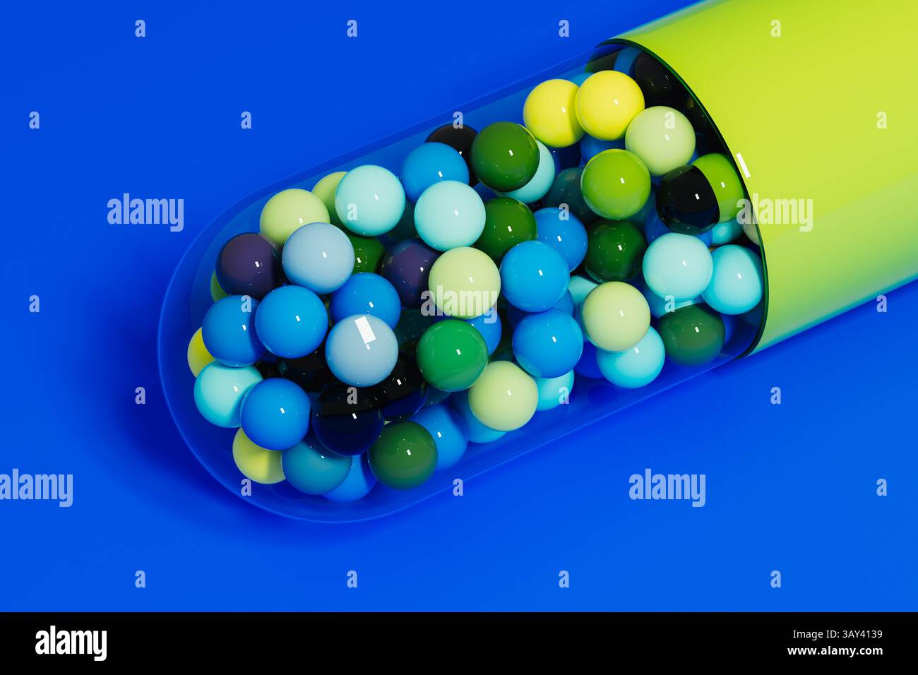 A vivid capsule pill displays an array of colorful tablets, creating a ...