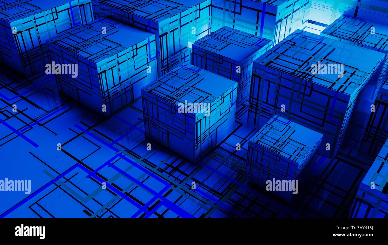 Vibrant abstract background showcases interconnected cubes, representing technology and data in ...