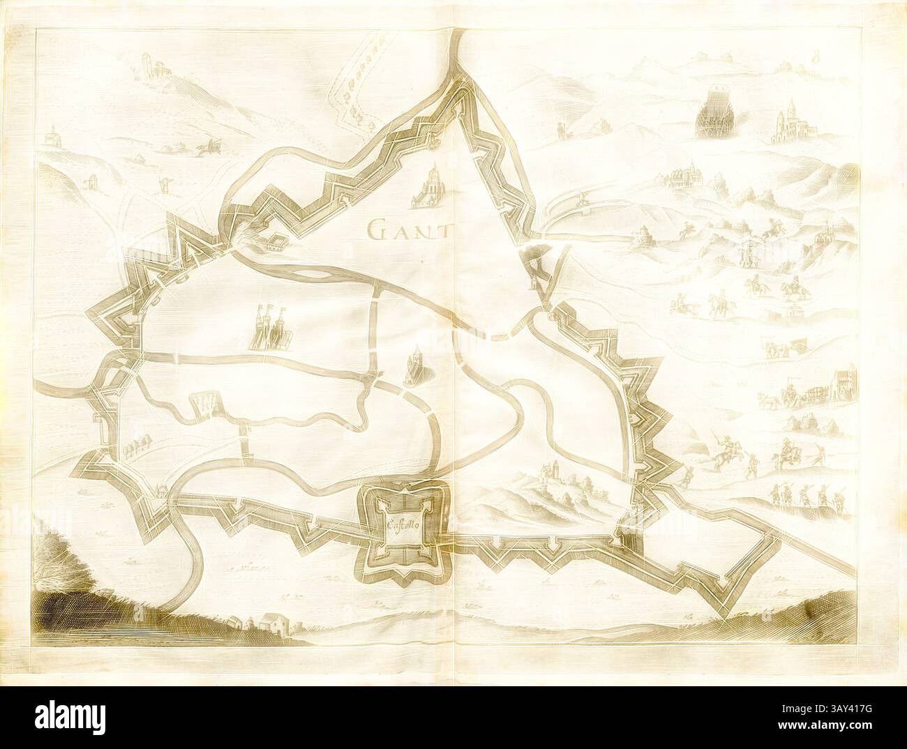 A detailed map illustrating the layout of a fortified city, featuring ...
