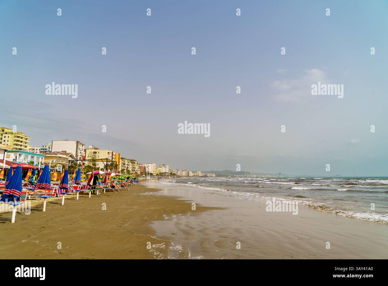 May 2024. Durres, Albania. Rough sea and a high wind on the beach ...