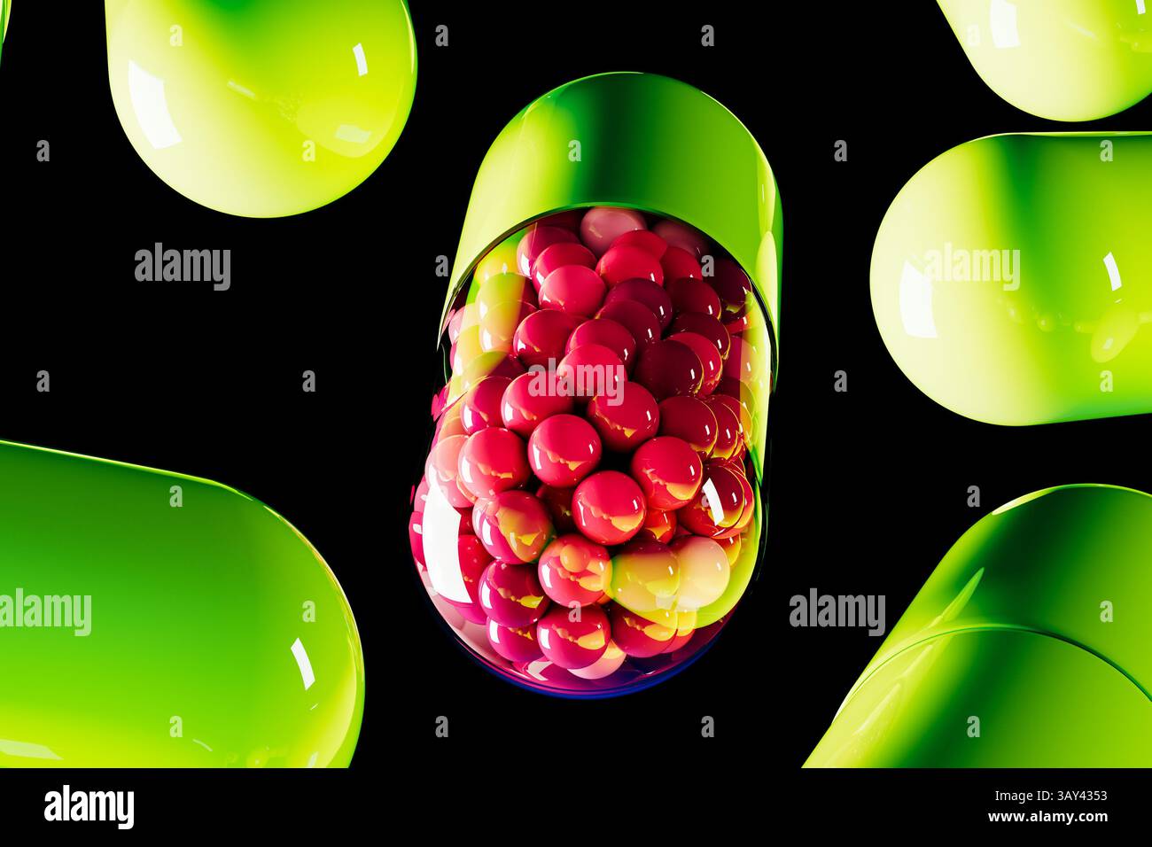 Bright green capsules pills with one revealing vibrant contents create ...