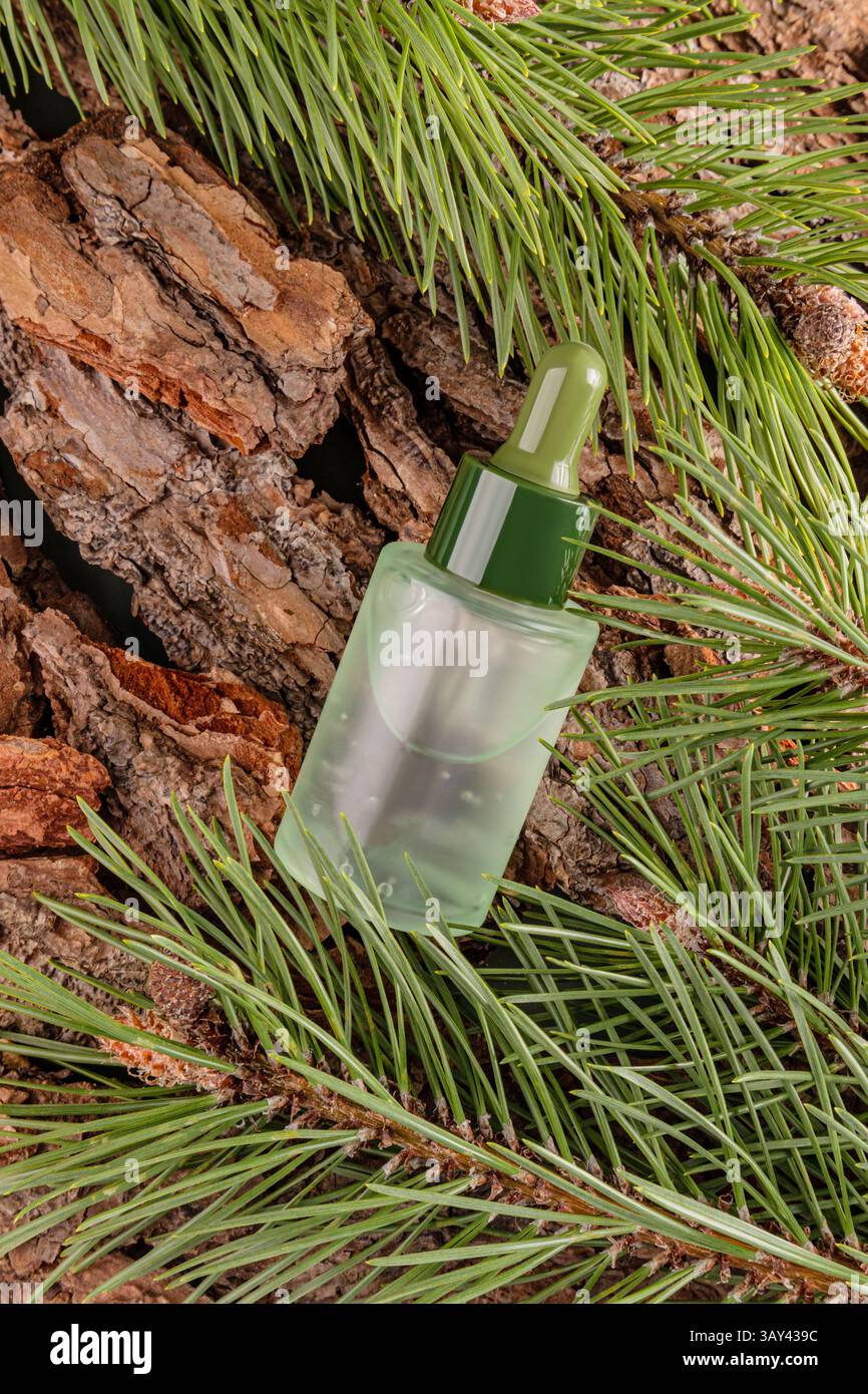 Dropper bottle of essential coniferous oil nestled among vibrant pine ...