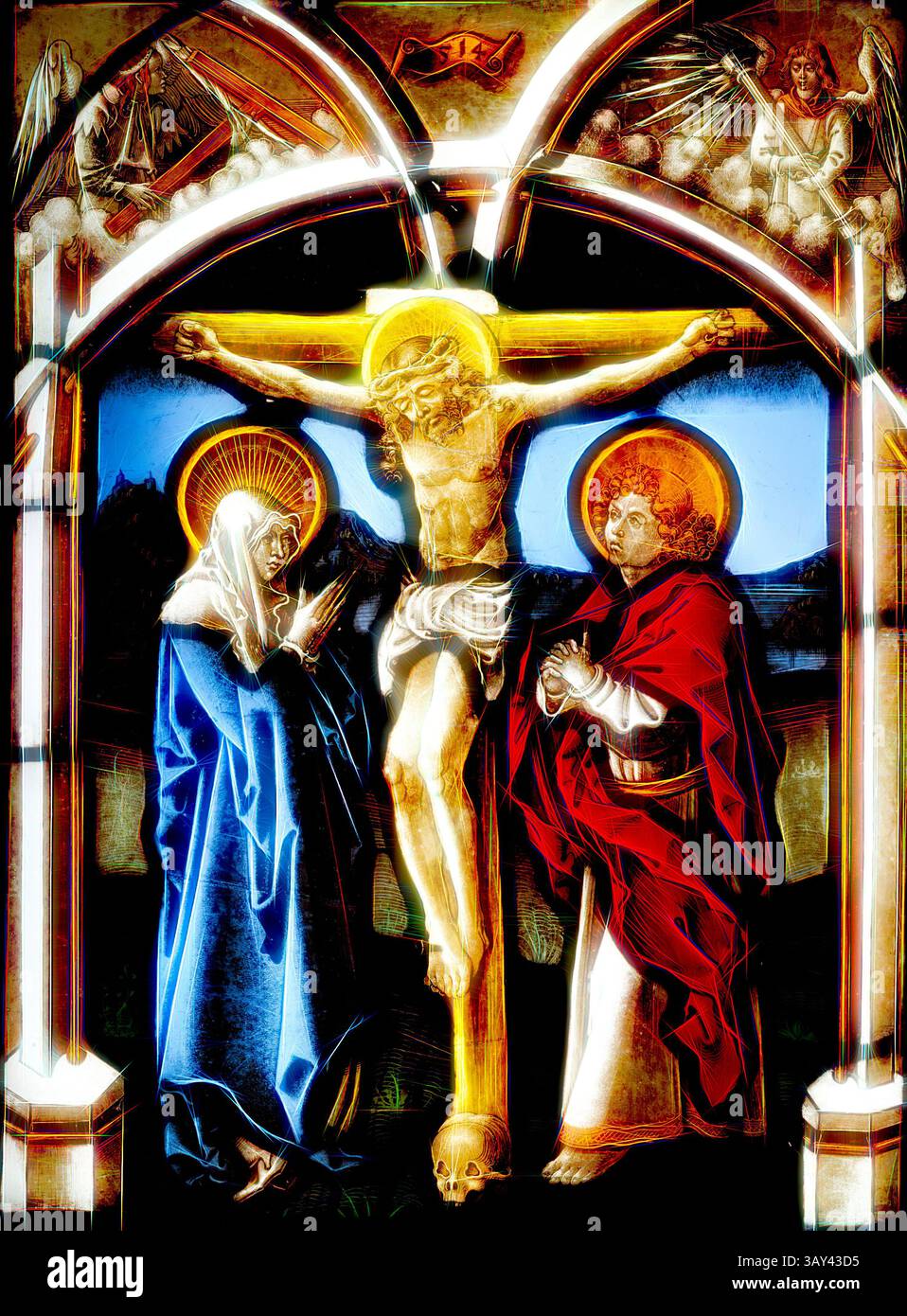 A depiction of the crucifixion, featuring Jesus on the cross, flanked by the Virgin Mary in blue ...