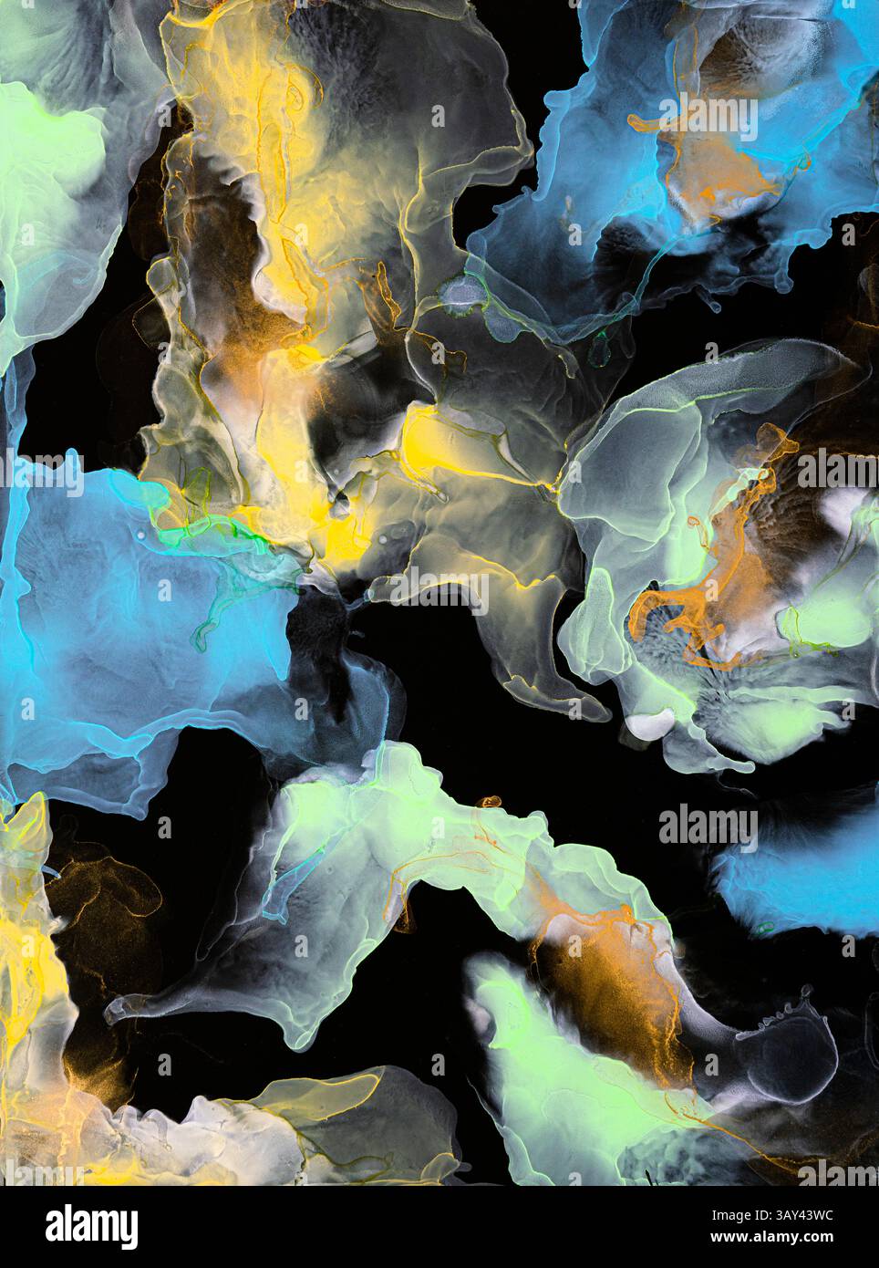 Vibrant swirls of neon blue, yellow, and green blend into organic ...