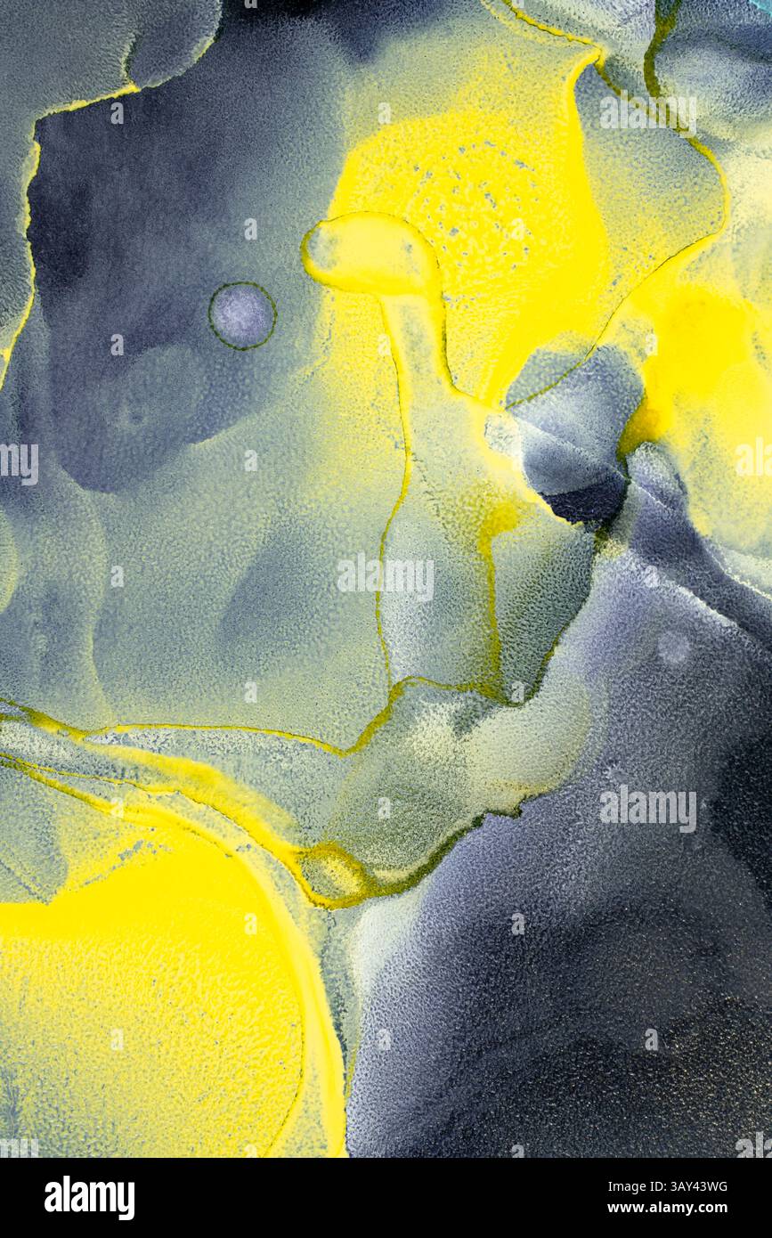 This abstract art piece features dynamic swirls of neon yellow and ...