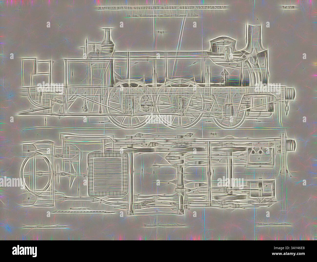 A detailed technical blueprint of a steam locomotive, showcasing its ...