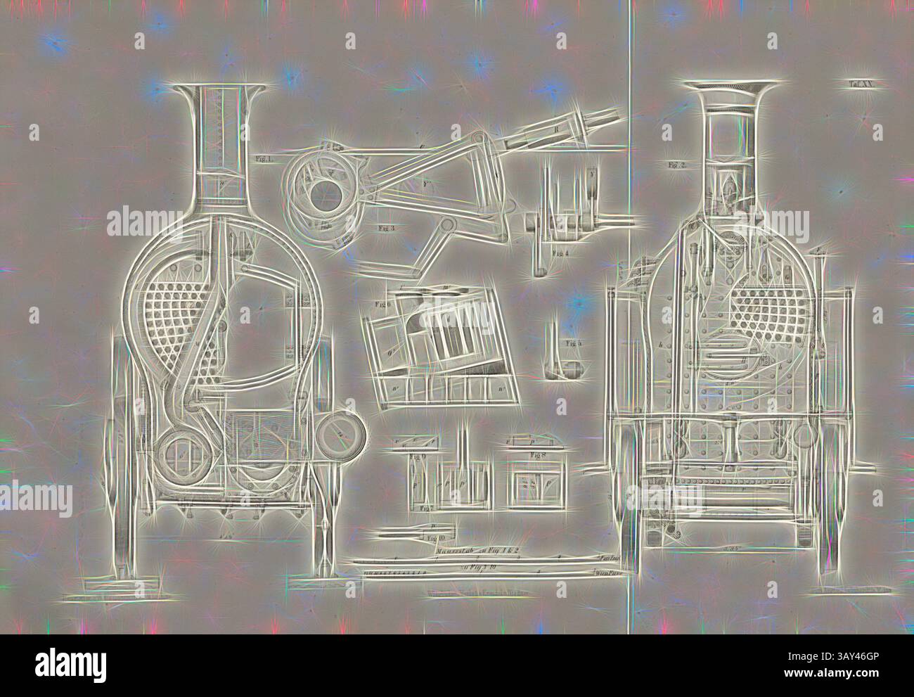 A detailed technical illustration of a steam engine, showcasing various ...