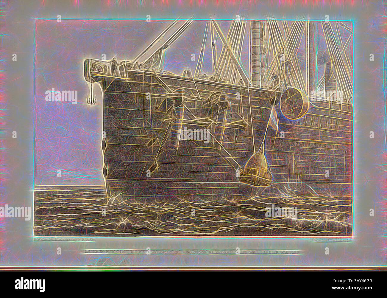 A detailed view of a large ship's hull, featuring intricate lines and ...