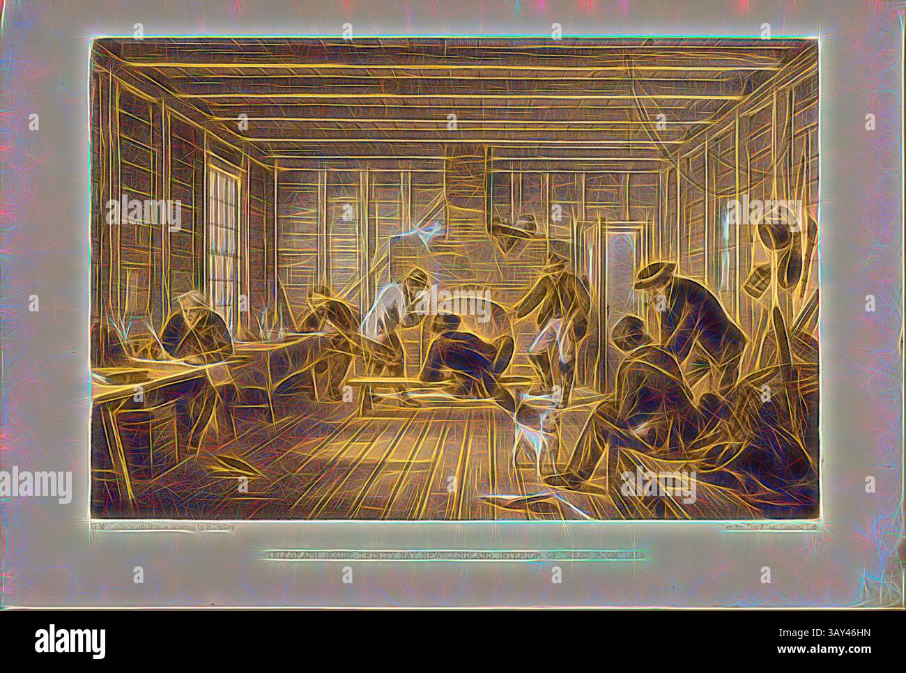 A group of craftsmen diligently working inside a rustic workshop, with ...