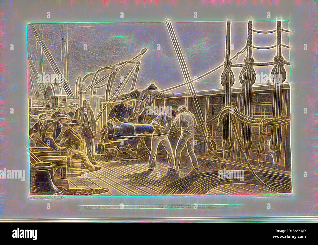 A group of sailors is engaged in the process of loading heavy cargo ...