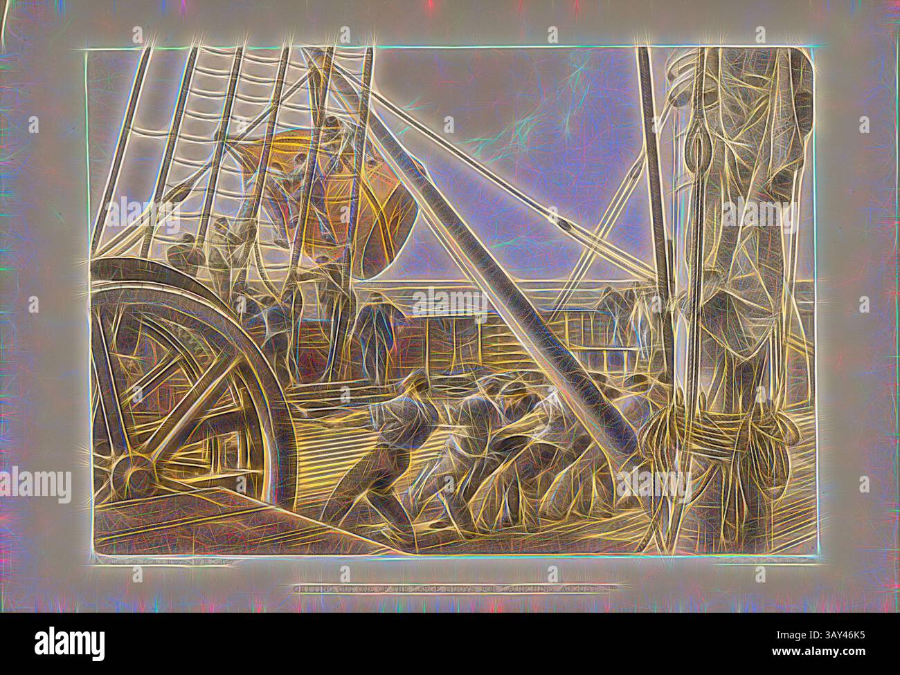 A dynamic scene onboard a ship, showcasing sailors engaged in rigorous ...