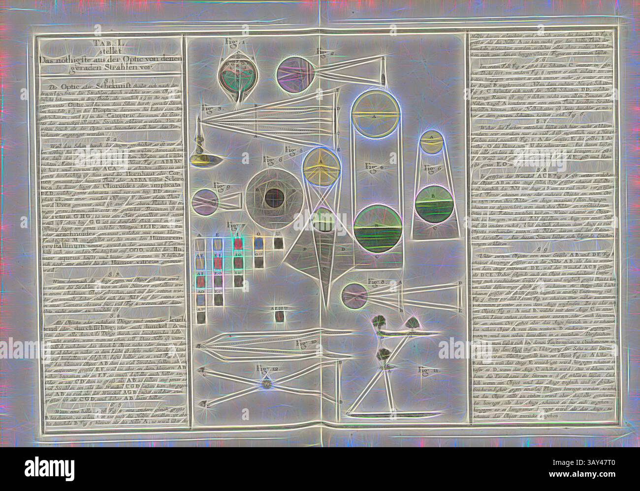 An intricate diagram showcasing various geometric shapes, lenses, and ...