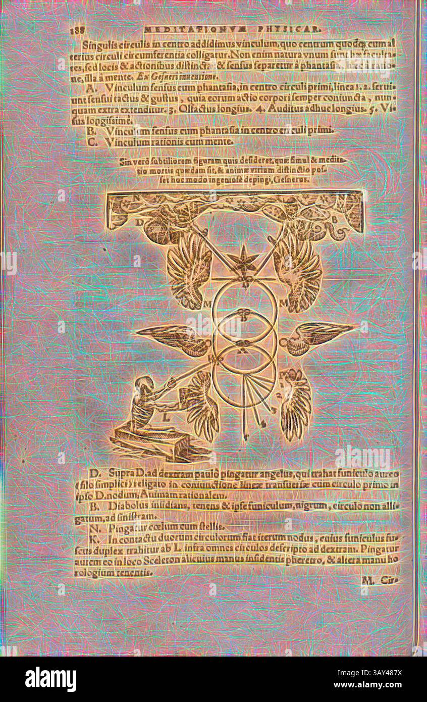 An intricate illustration features two angels flanking a central ...