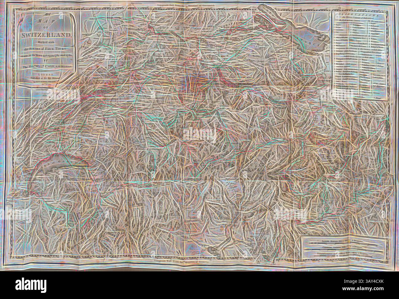 A detailed map of Switzerland, featuring intricate lines and markings ...