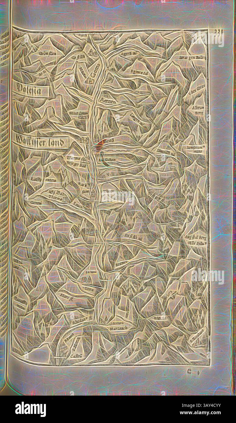 A detailed and intricate map showcasing a mountainous region, labeled ...