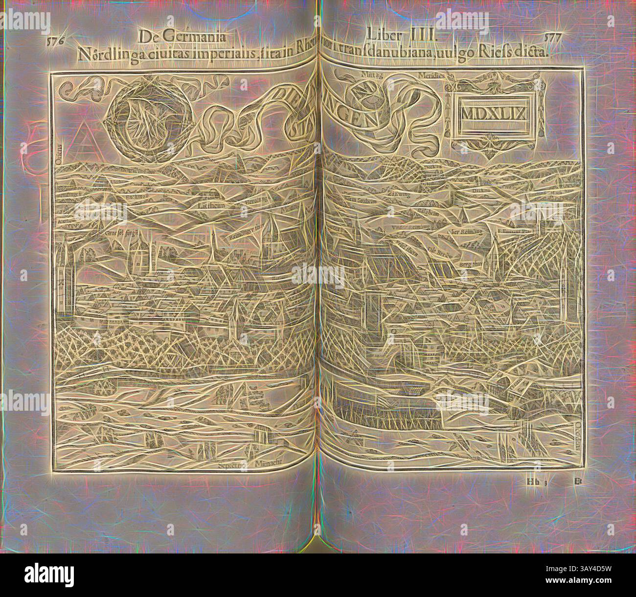 An elaborate two-page spread from a historical book, featuring ...