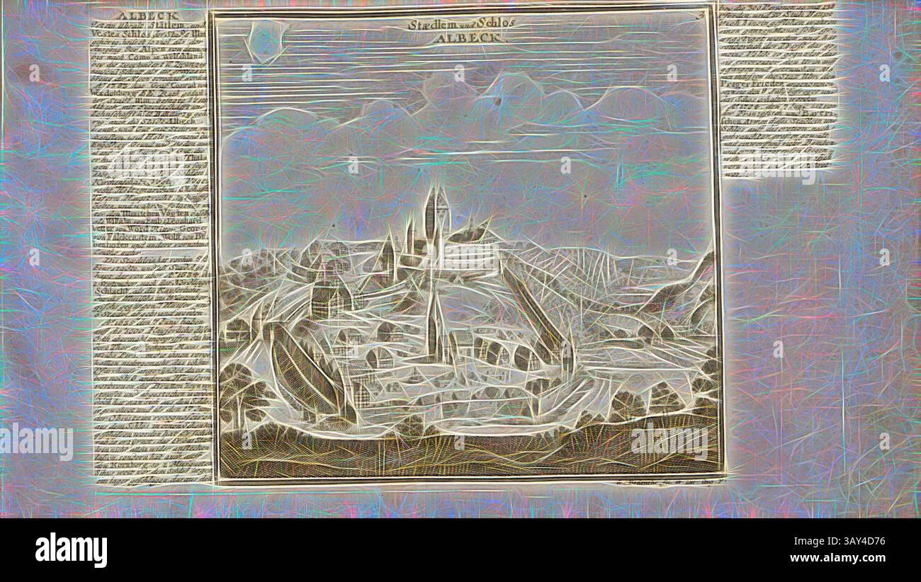 A detailed illustration of a medieval town, featuring prominent tall ...