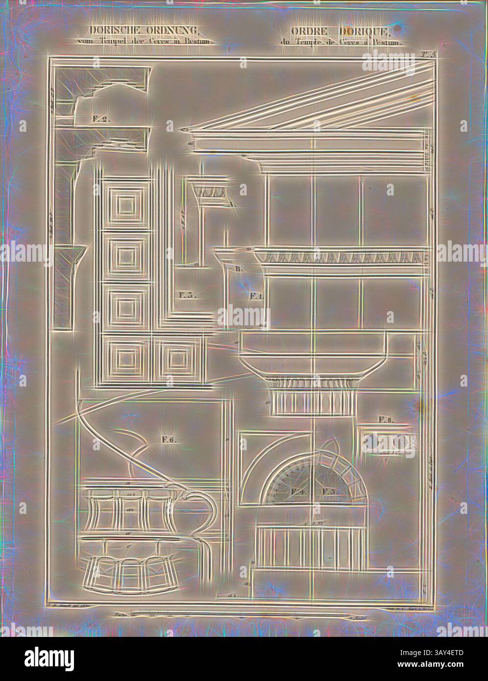 A detailed architectural drawing showcasing various Doric ornamental ...