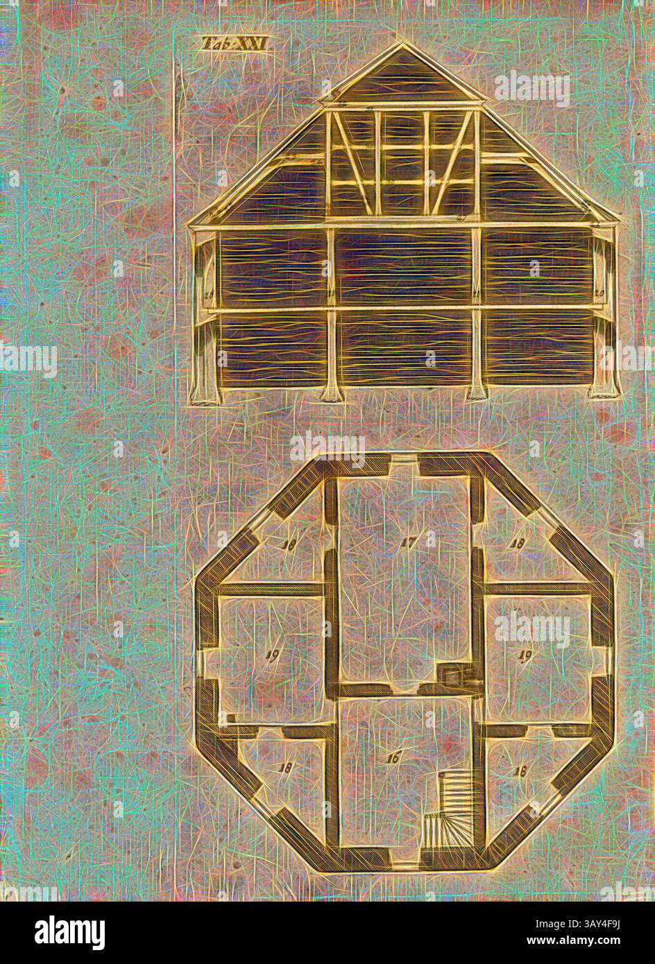 A series of architectural drawings displaying a barn structure, featuring a detailed roof design ...