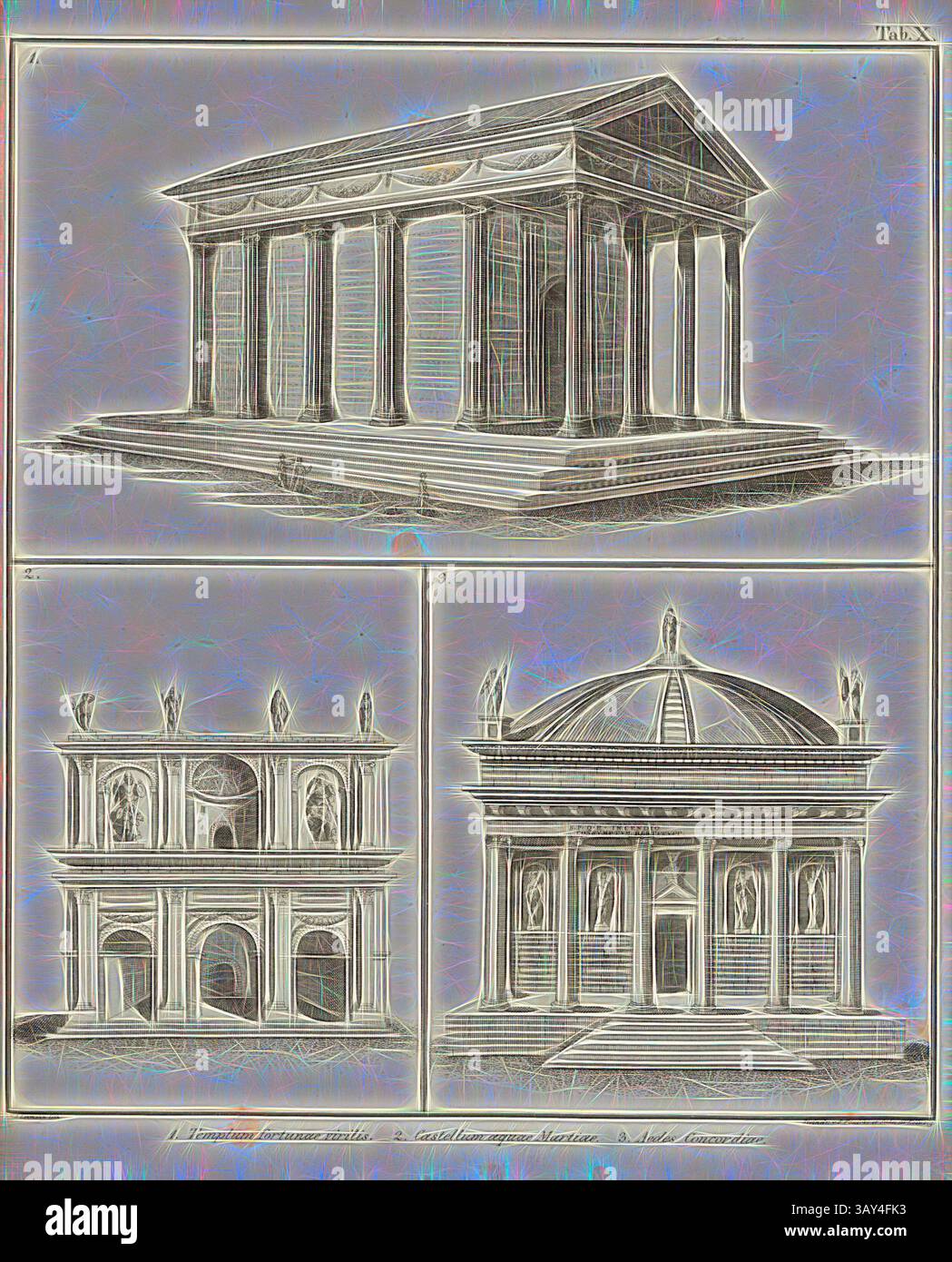 An architectural illustration featuring three distinct structures: a ...